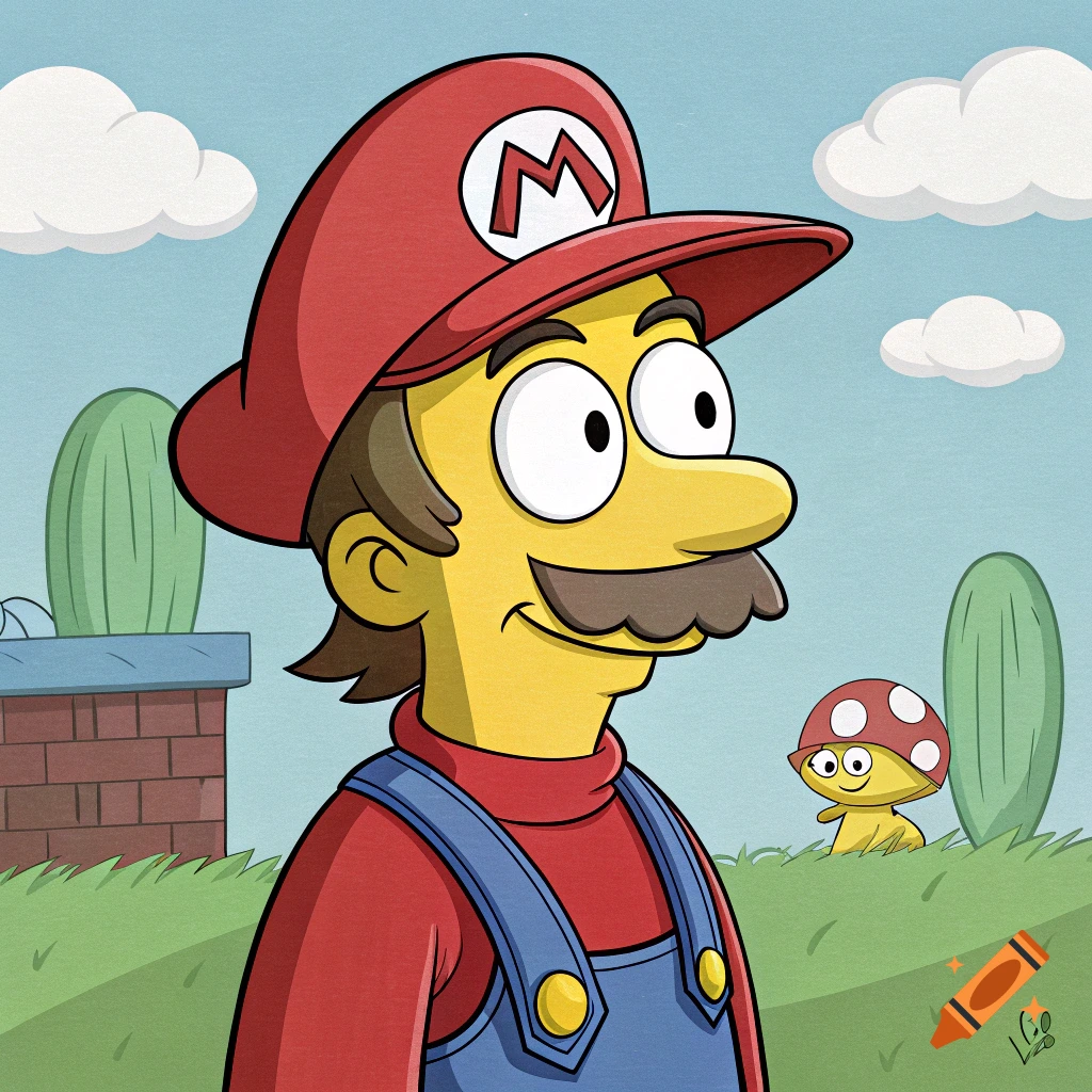 Mario character in The Simpsons cartoon style standing in a field with ...