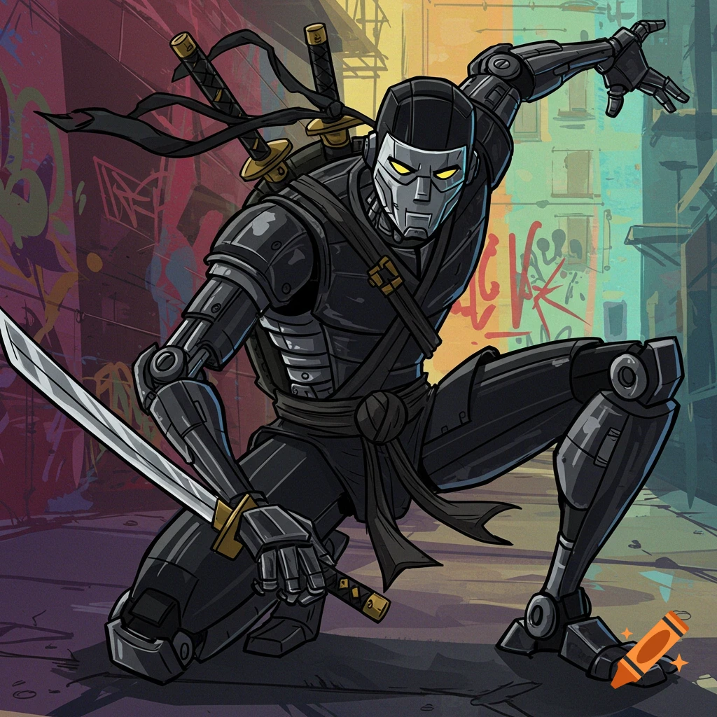 Robot ninja in 2000s cartoon style with bold lines on Craiyon