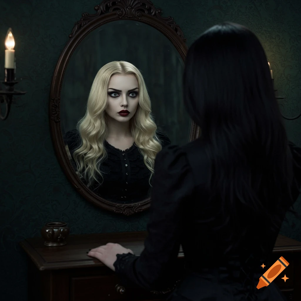 Goth girl looking in mirror, sees blonde reflection on Craiyon