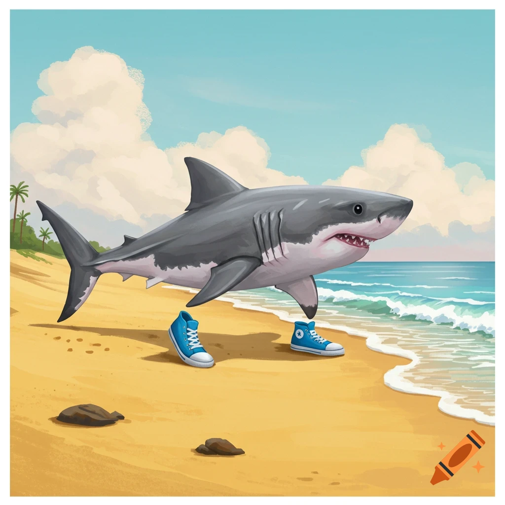 Blue shark with legs and shoes on a beach on Craiyon