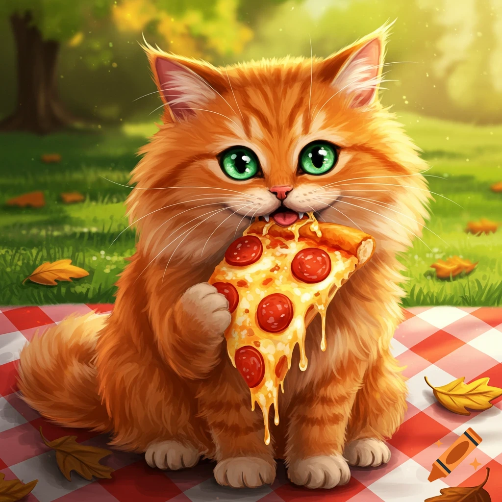 Cartoon orange cat eating a slice of pepperoni pizza with stretchy ...
