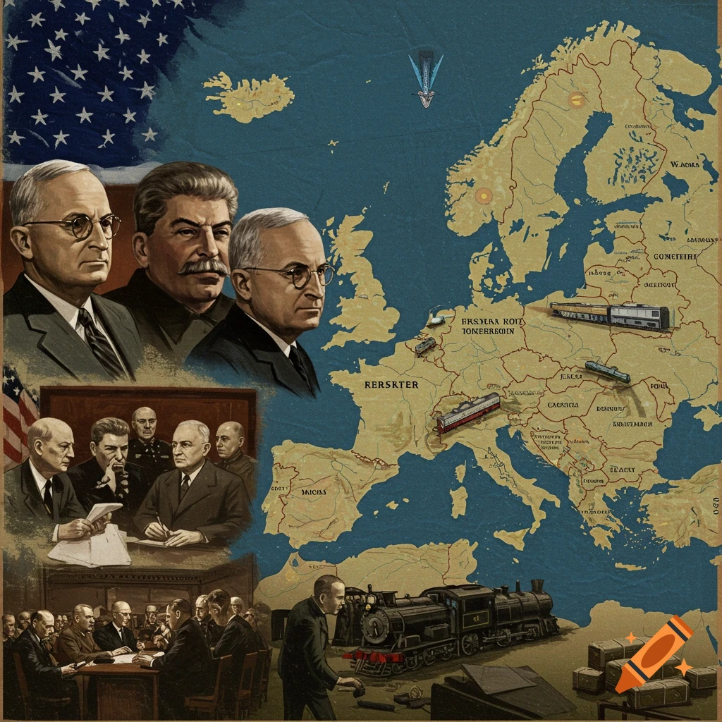 Potsdam Conference, Iron Curtain, Truman Conference, Marshall Plan, NATO on Craiyon
