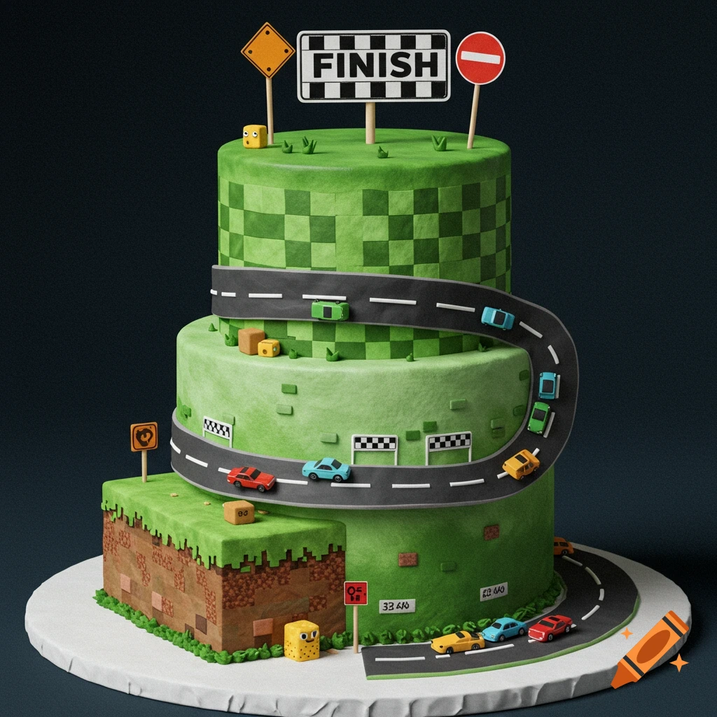 A Minecraft-themed multi-layer cake with roads, cars, and a finish sign ...