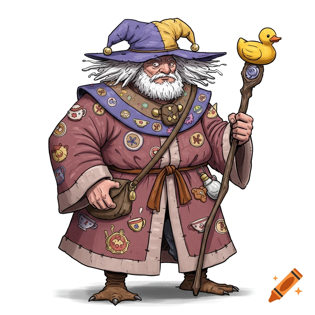 Drawing of muscular halfling wizard with rubber duck staff on Craiyon