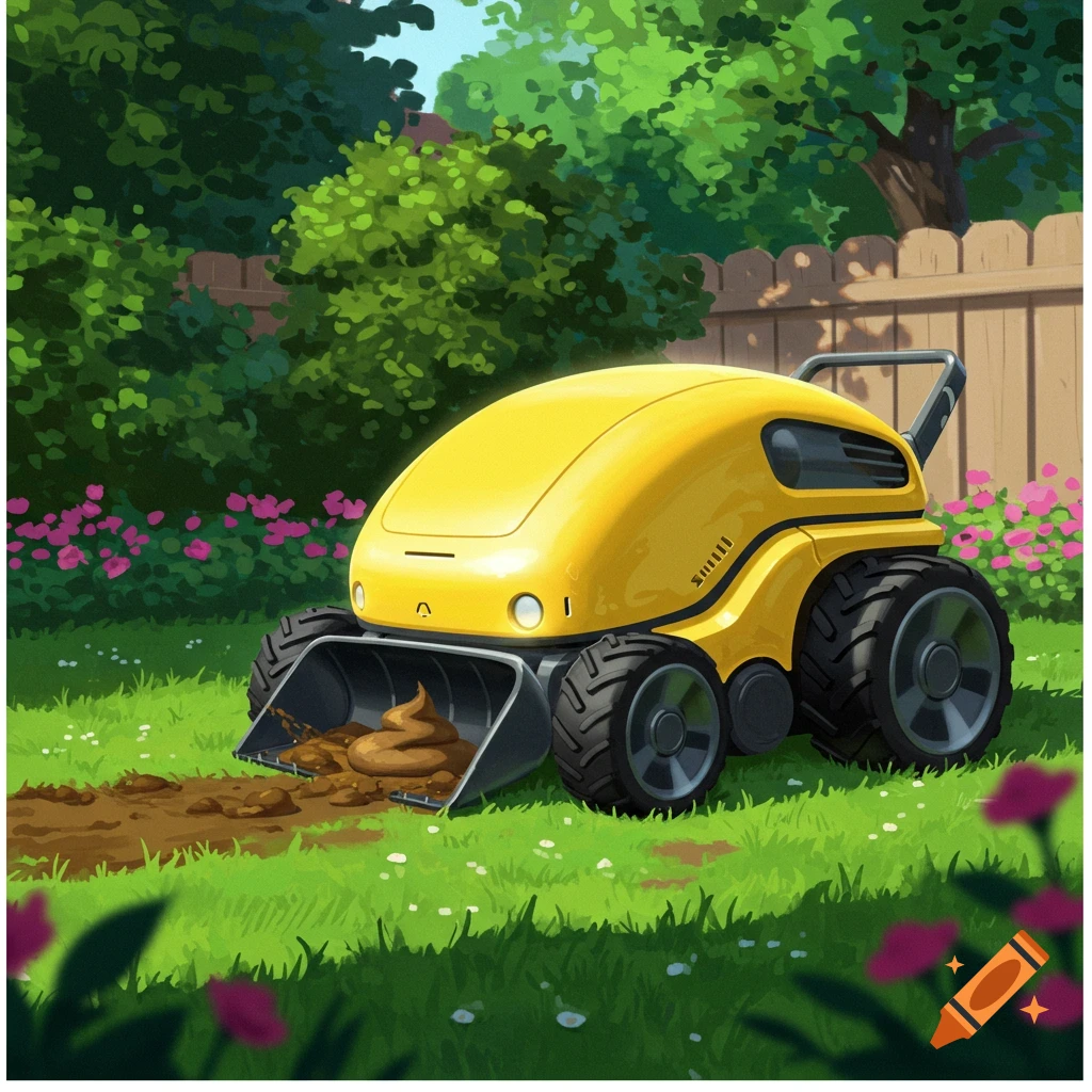A yellow robotic pooper scooper machine picks up poop in a green ...