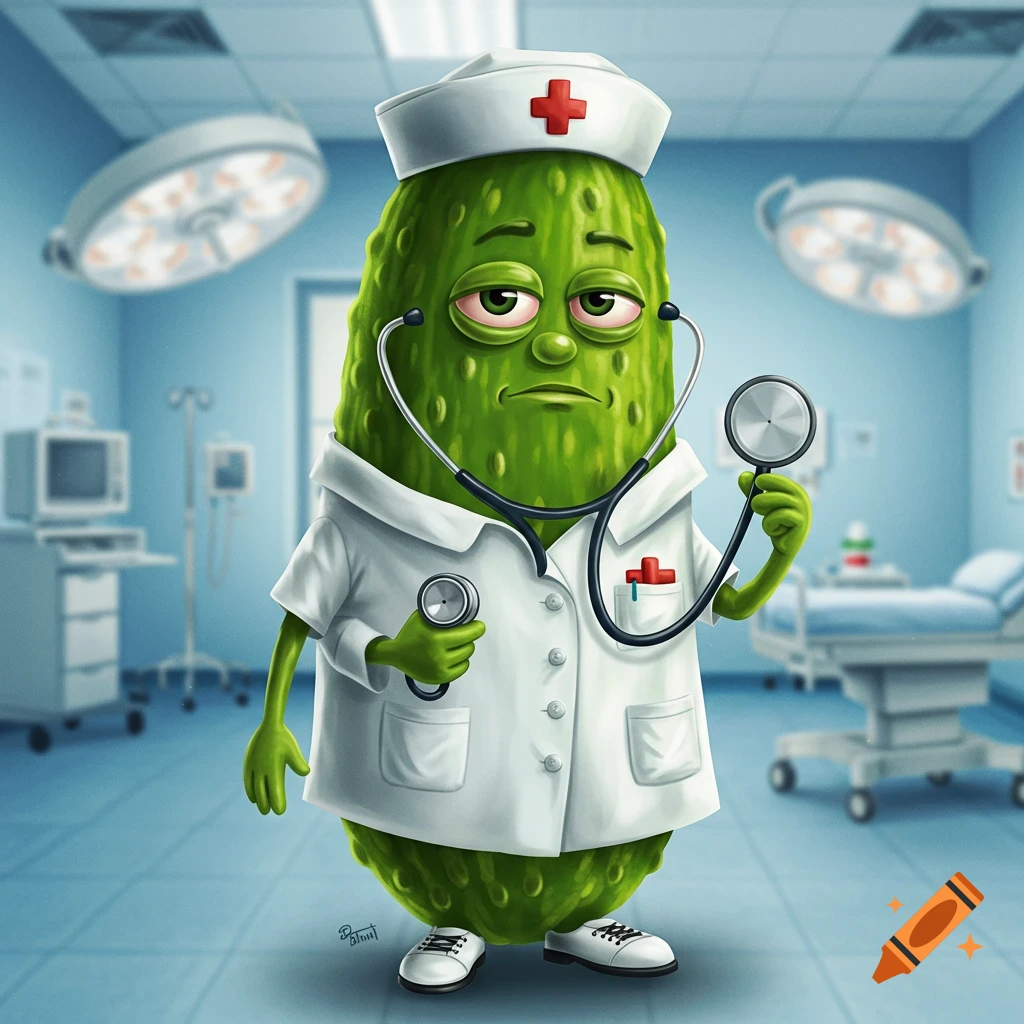 A cartoon pickle dressed as a nurse holds a stethoscope in a hospital ...
