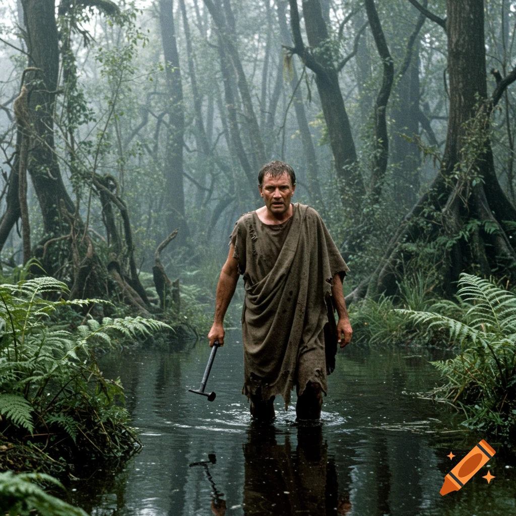 A man in a ragged robe walks through a misty swamp carrying a tool ...