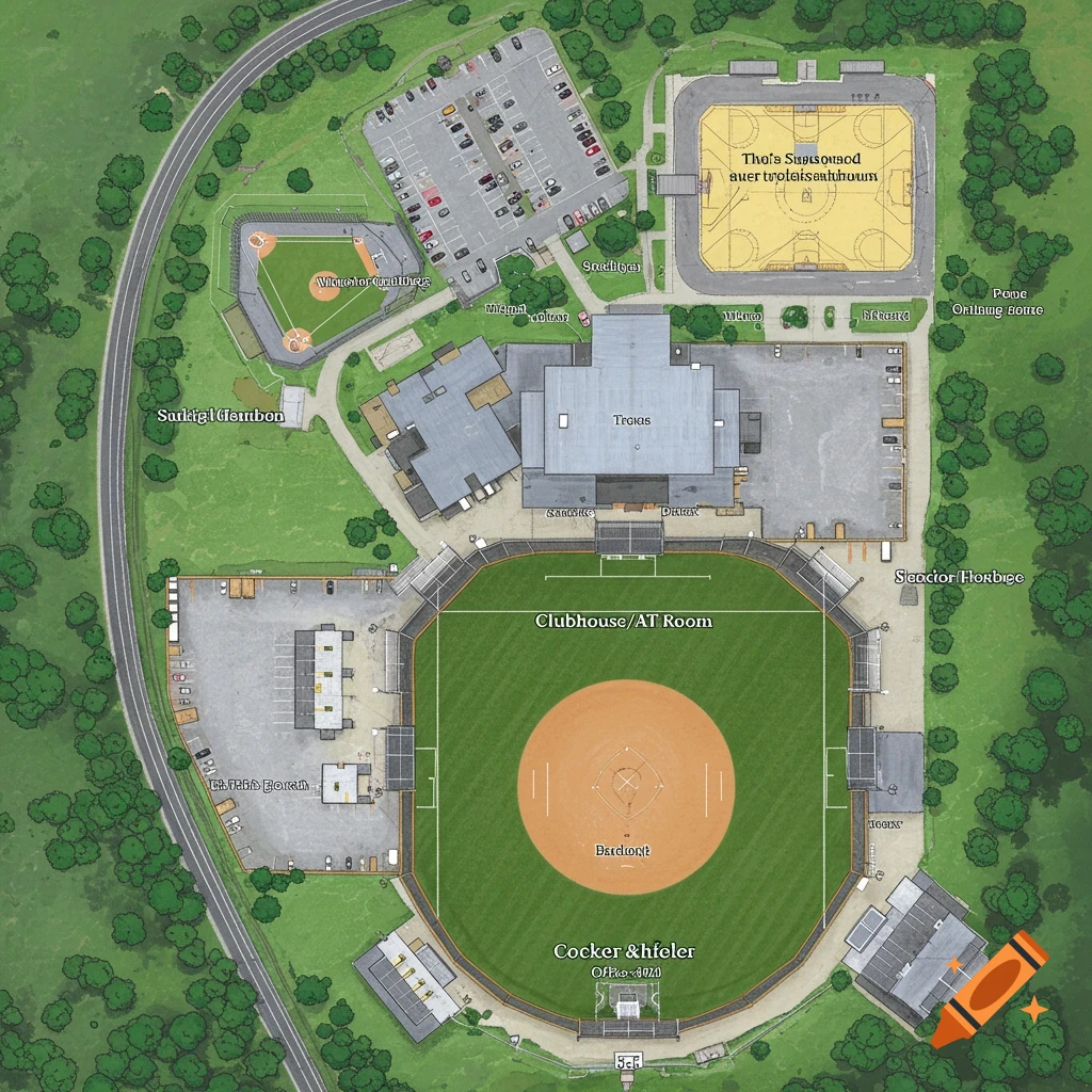 Map of a softball field, weight room, clubhouse/AT room, locker rooms ...