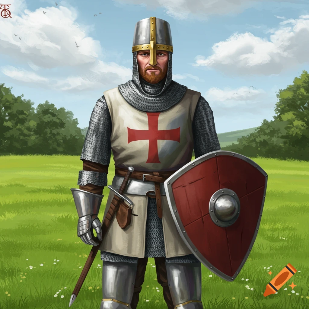 Portrait of a knight in full plate armor and tabbard holding a sword in ...