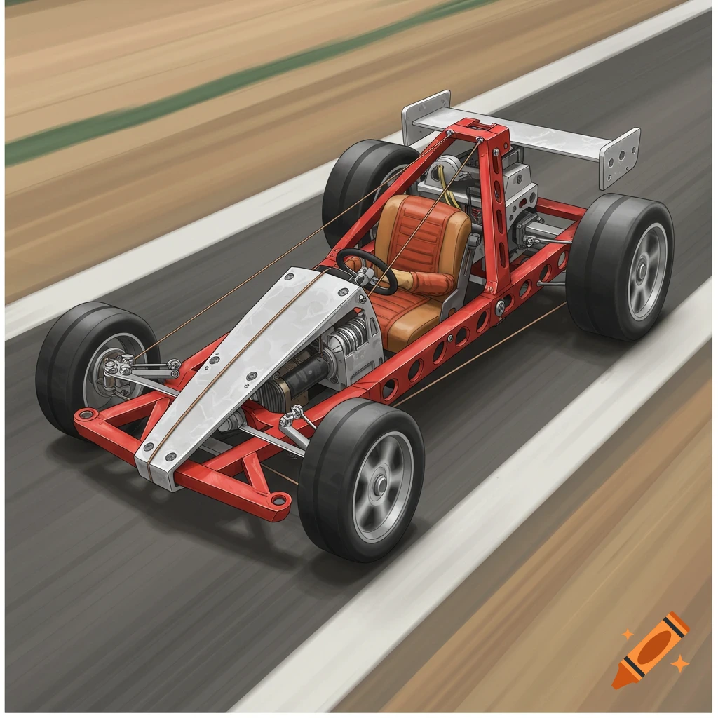 Detailed illustration of a red and silver open-frame model race car on ...