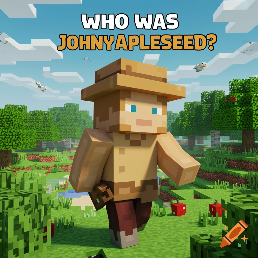 Johnny Appleseed Minecraft character on a "Who was" book cover on Craiyon