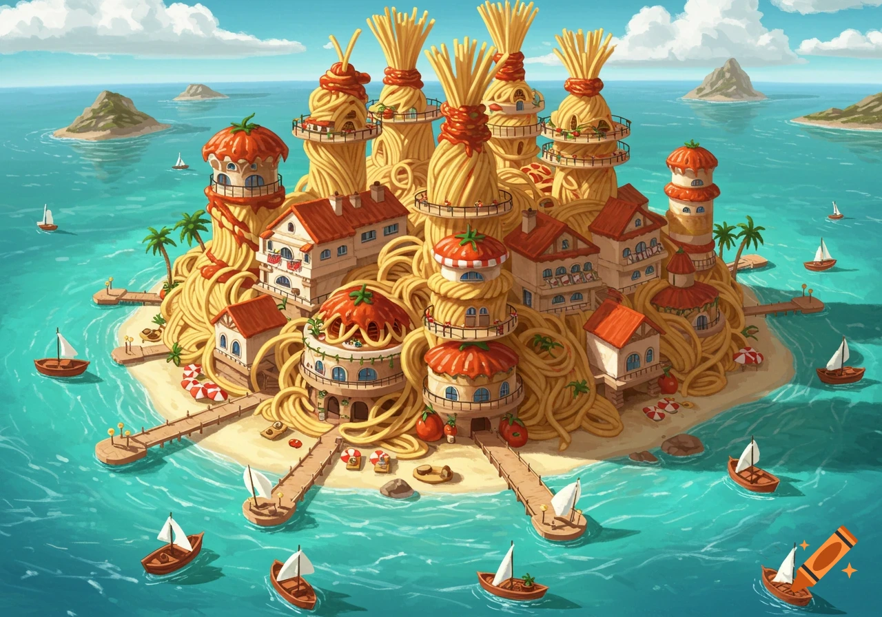 Island resort made of spaghetti and houses in the ocean with boats. on ...