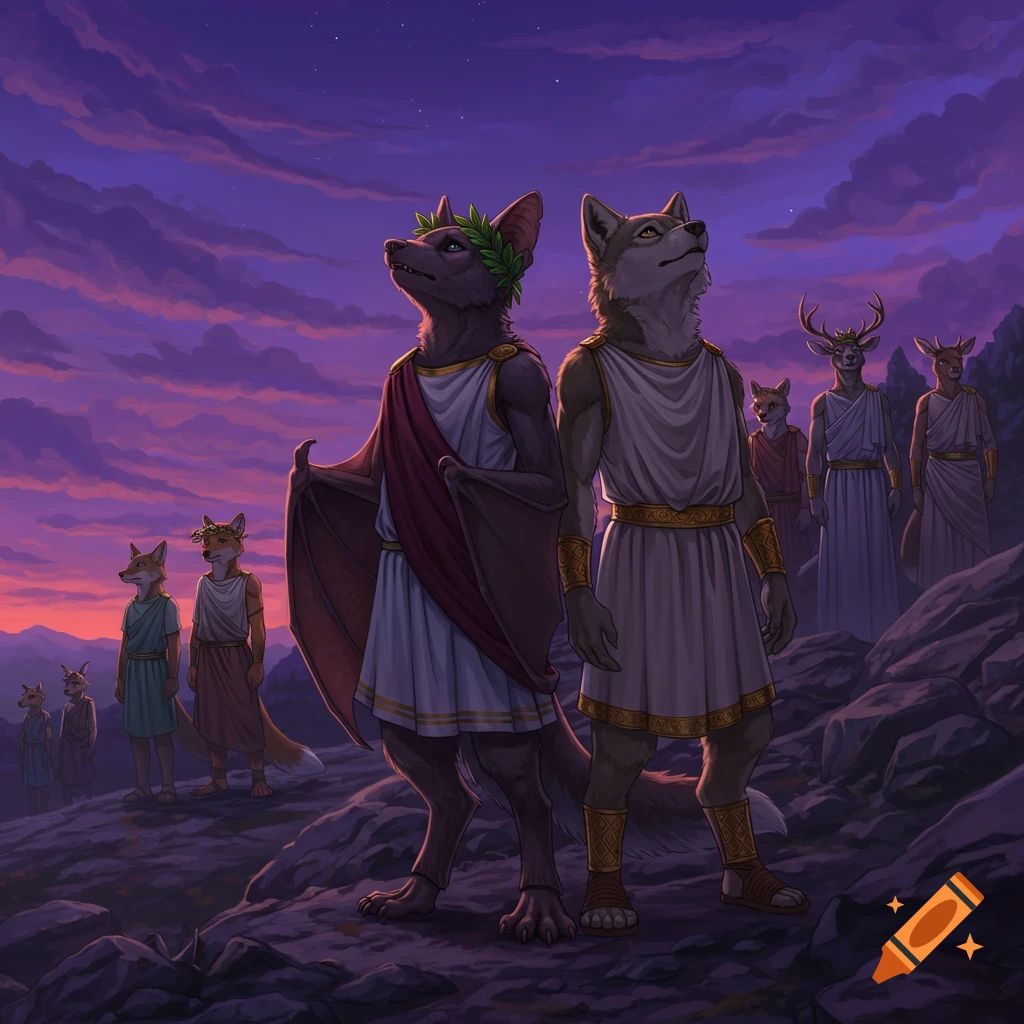 Anthropomorphic bat and wolf gazing at the sky in ancient Greek ...