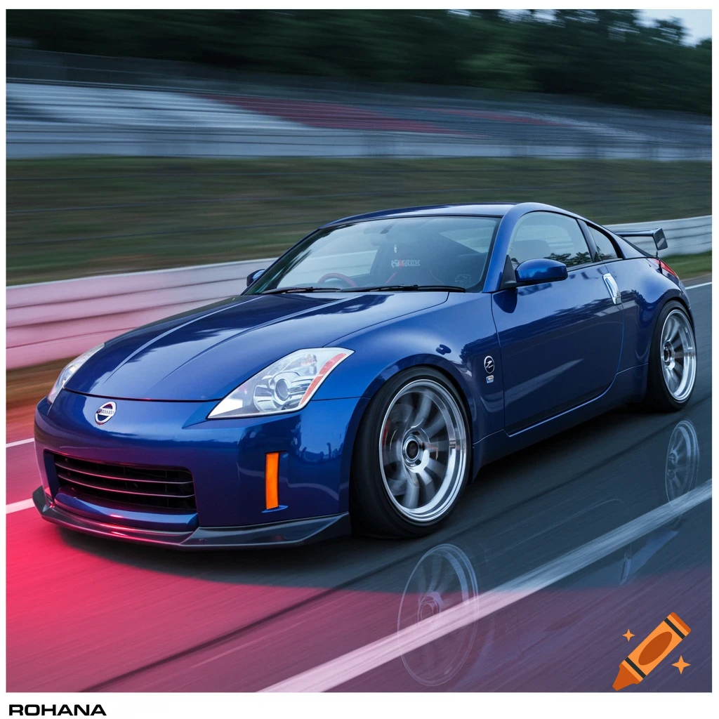 Blue Nissan 350Z driving on a track with motion blur on Craiyon