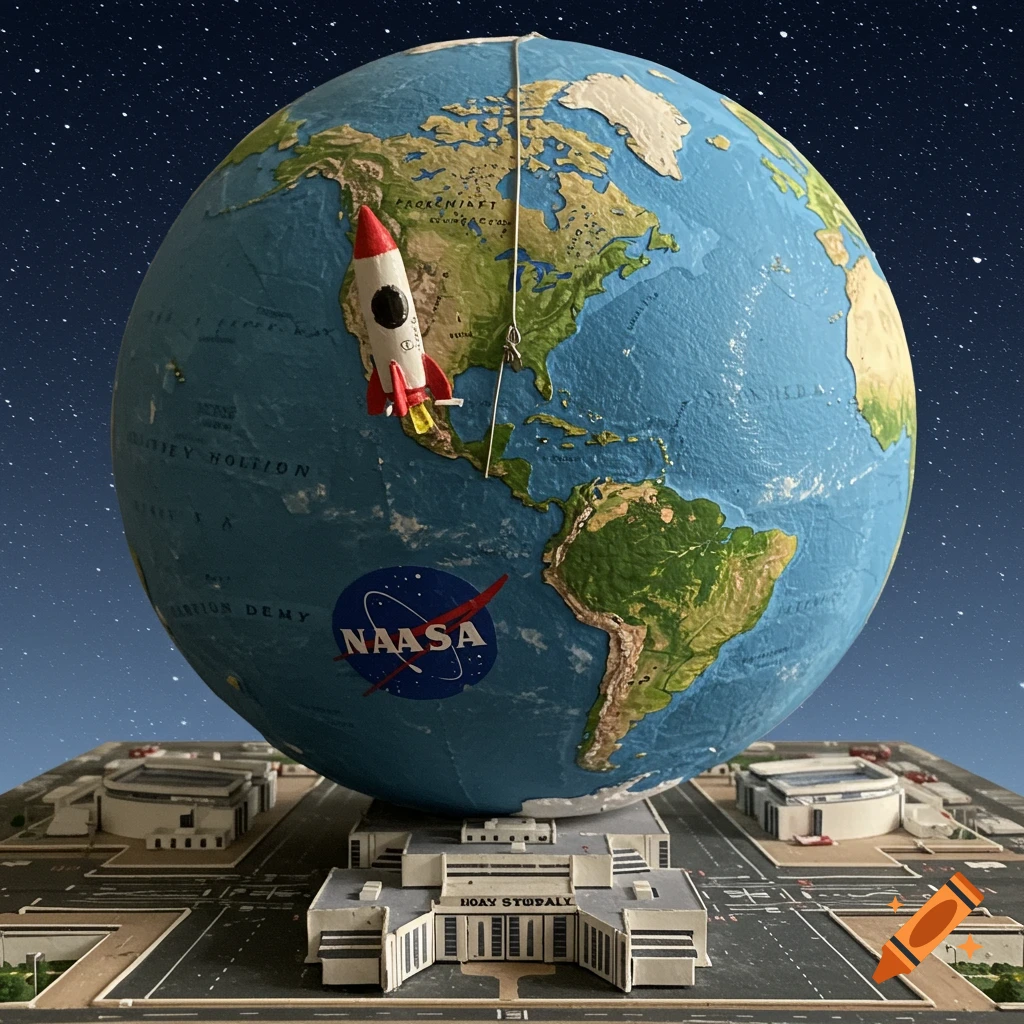 Handmade paper mache globe with tiny rocket over NASA in Houston on Craiyon