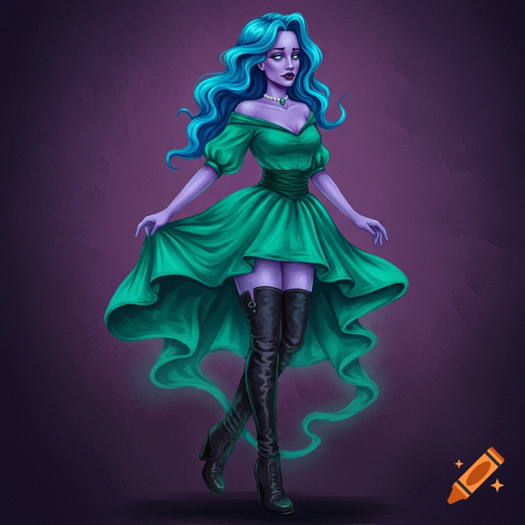 Ghostly southern belle in green dress and thigh high boots with purple ...