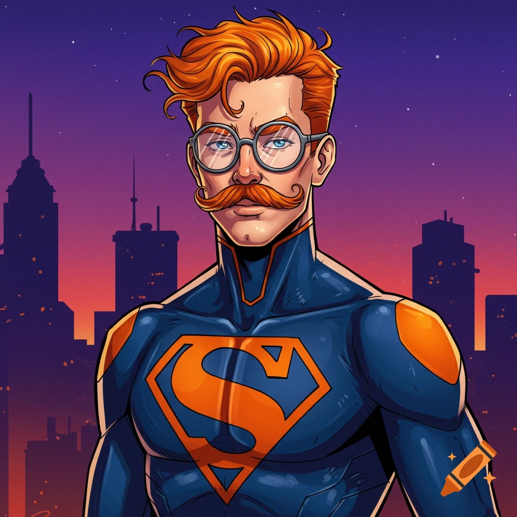 Super hero with orange hair, glasses, and moustache on Craiyon