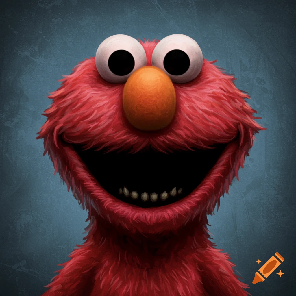 A close-up of a creepy-looking Elmo on Craiyon