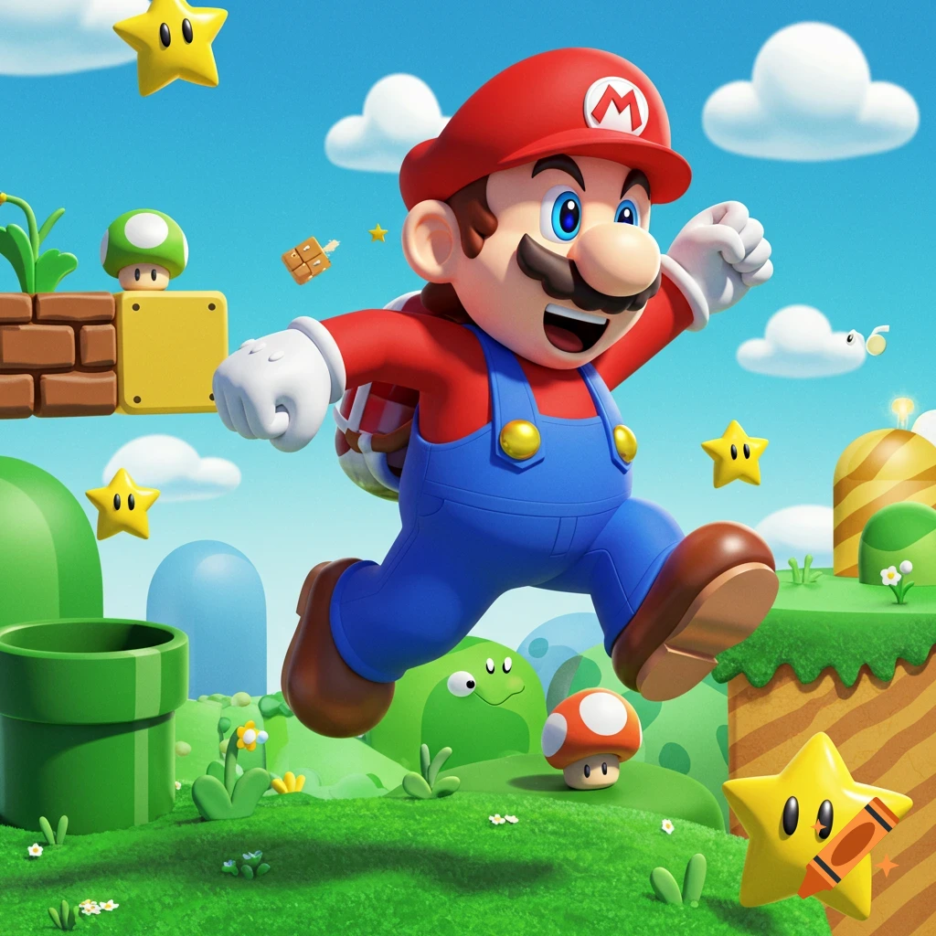 Mario in blue overalls jumps on a green pipe, surrounded by gold coins ...