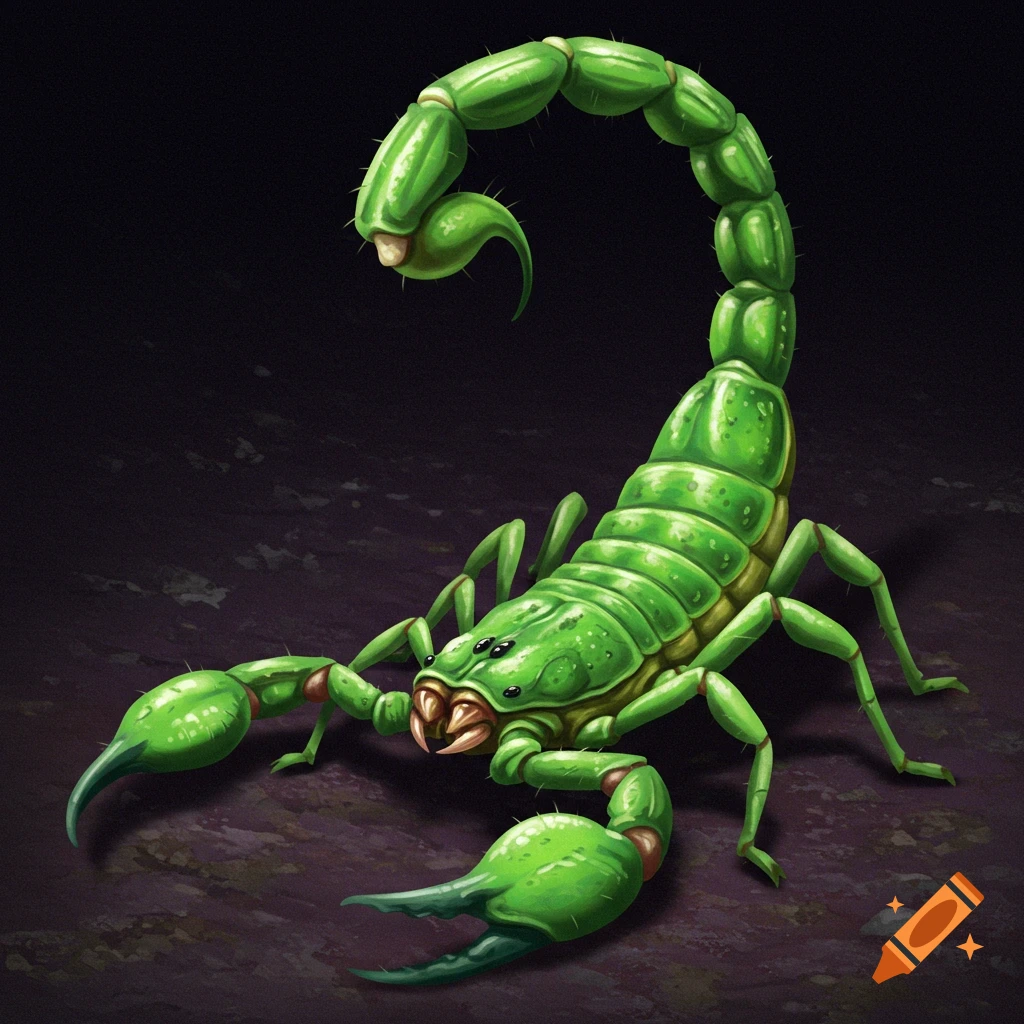 A bright green scorpion is shown on a dark, textured background. on Craiyon