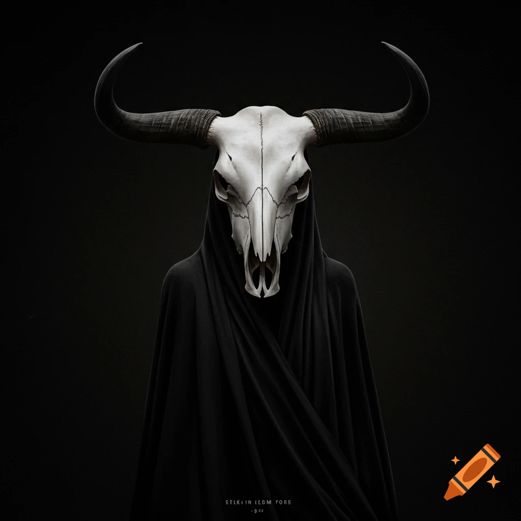 Ox skull with a human body wearing a black cape on Craiyon