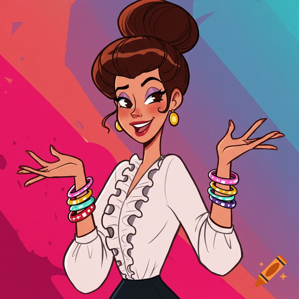 A cartoon illustration of a woman with a bun, frilly blouse, and many ...