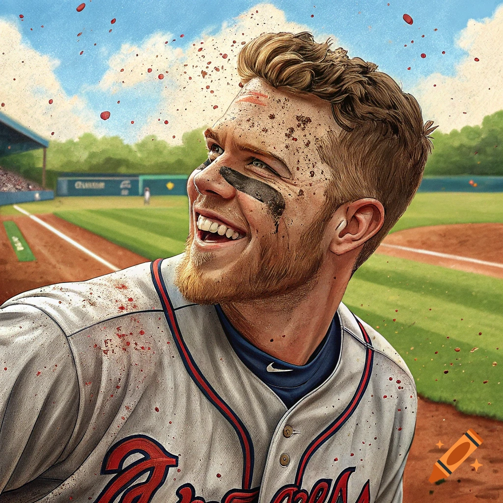 Illustration of a smiling baseball player covered in dirt and eye black ...