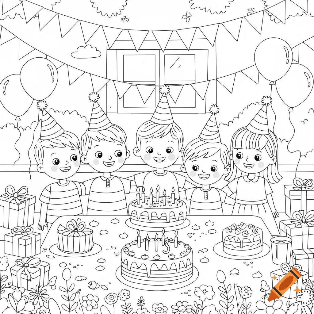 Coloring page of a birthday scene with kids and a man around a cake. on ...
