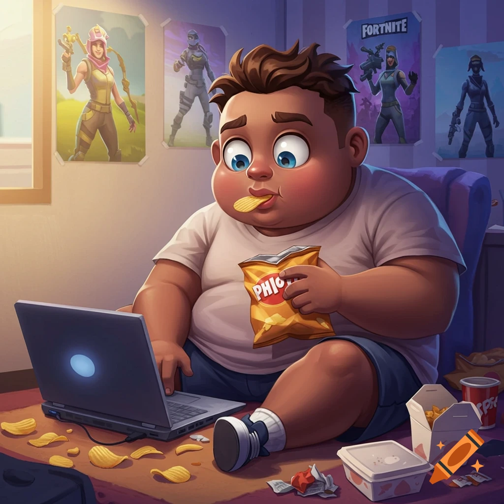 Chubby person eating chips while gaming on a laptop in a room with ...