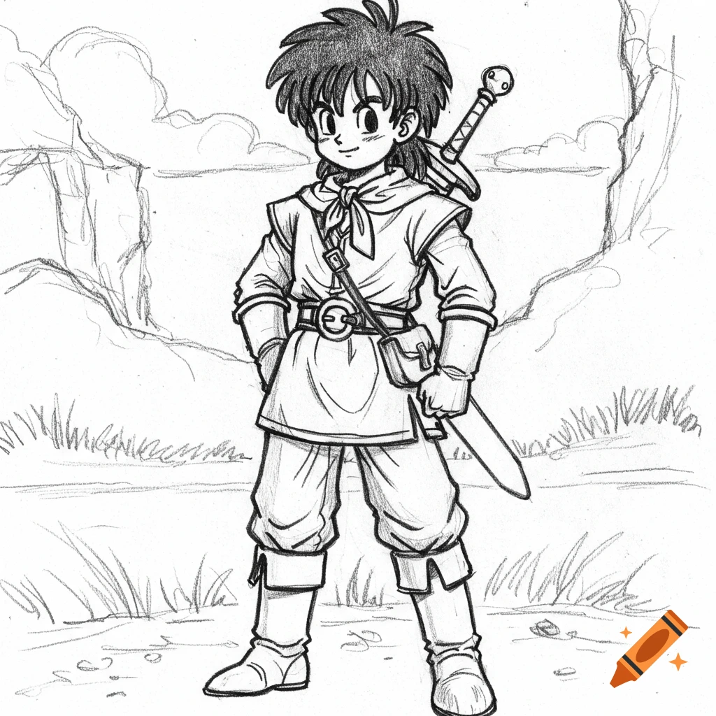 Dragon Quest style pencil sketch of a young man with curly hair”,, on ...