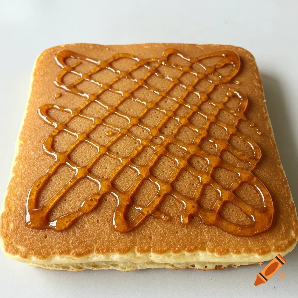 A square pancake topped with a grid pattern of syrup. on Craiyon