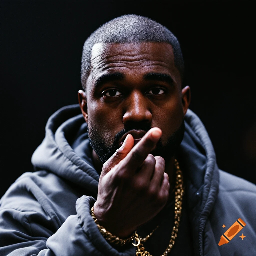 Kanye West in a yarmulke and gold chains sits at a formal dinner table ...