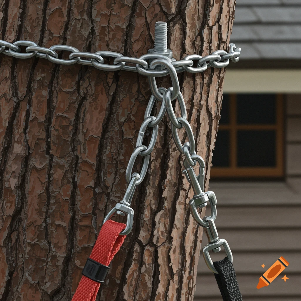 Dog tie-out system using chain and quick links attached to a tree or ...