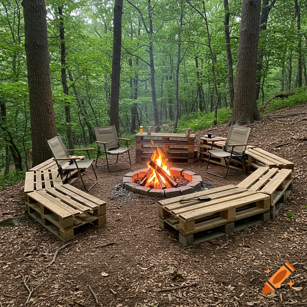 Campfire on a hill with wood pallet seating on Craiyon