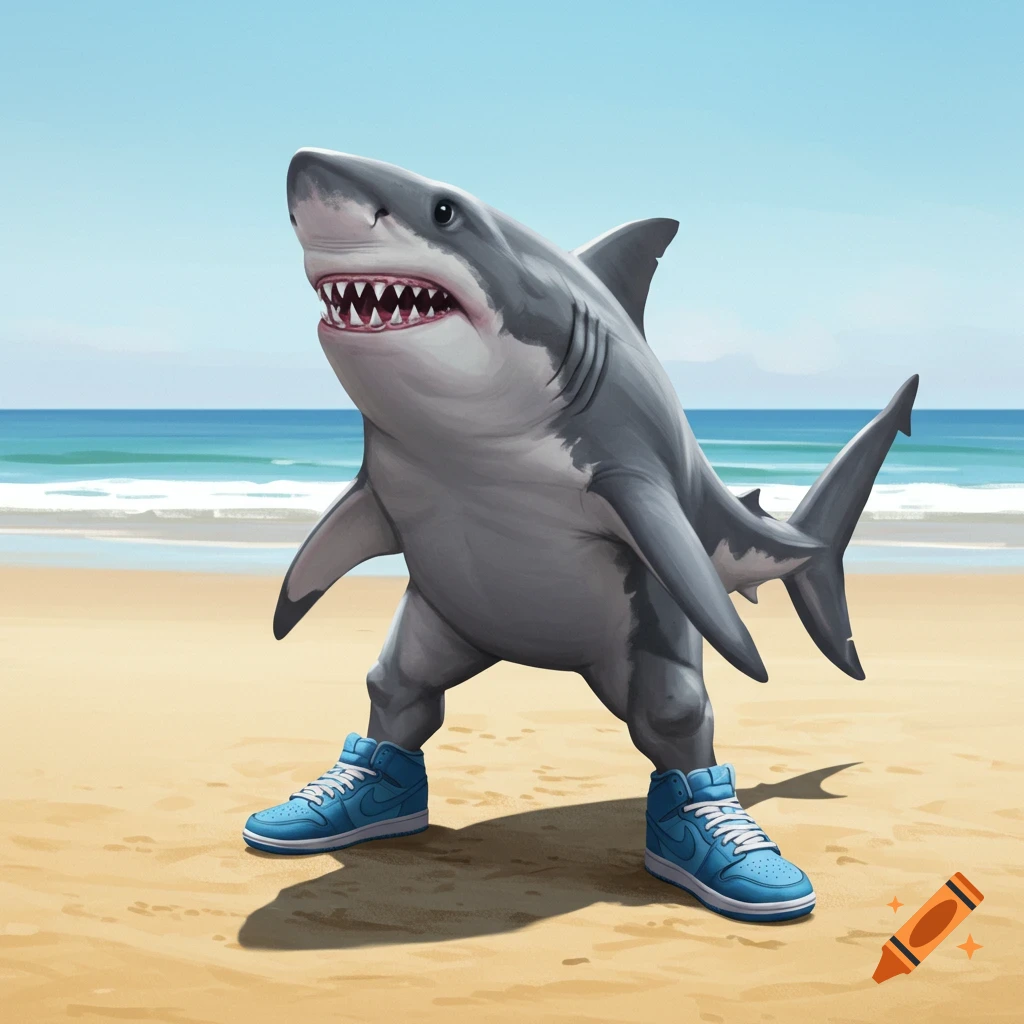 Shark with legs and blue shoes on a beach on Craiyon