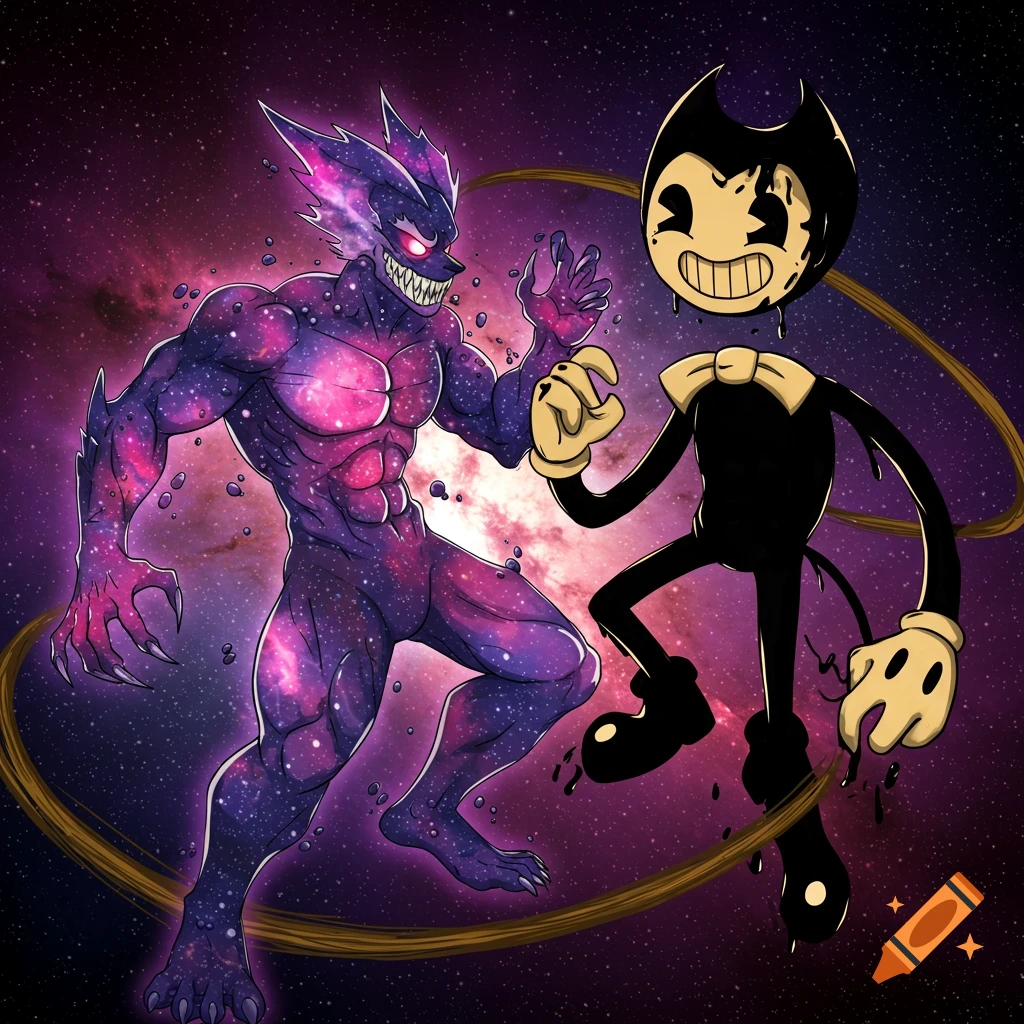 A black and white 1930s-style cartoon character resembling Bendy stands ...