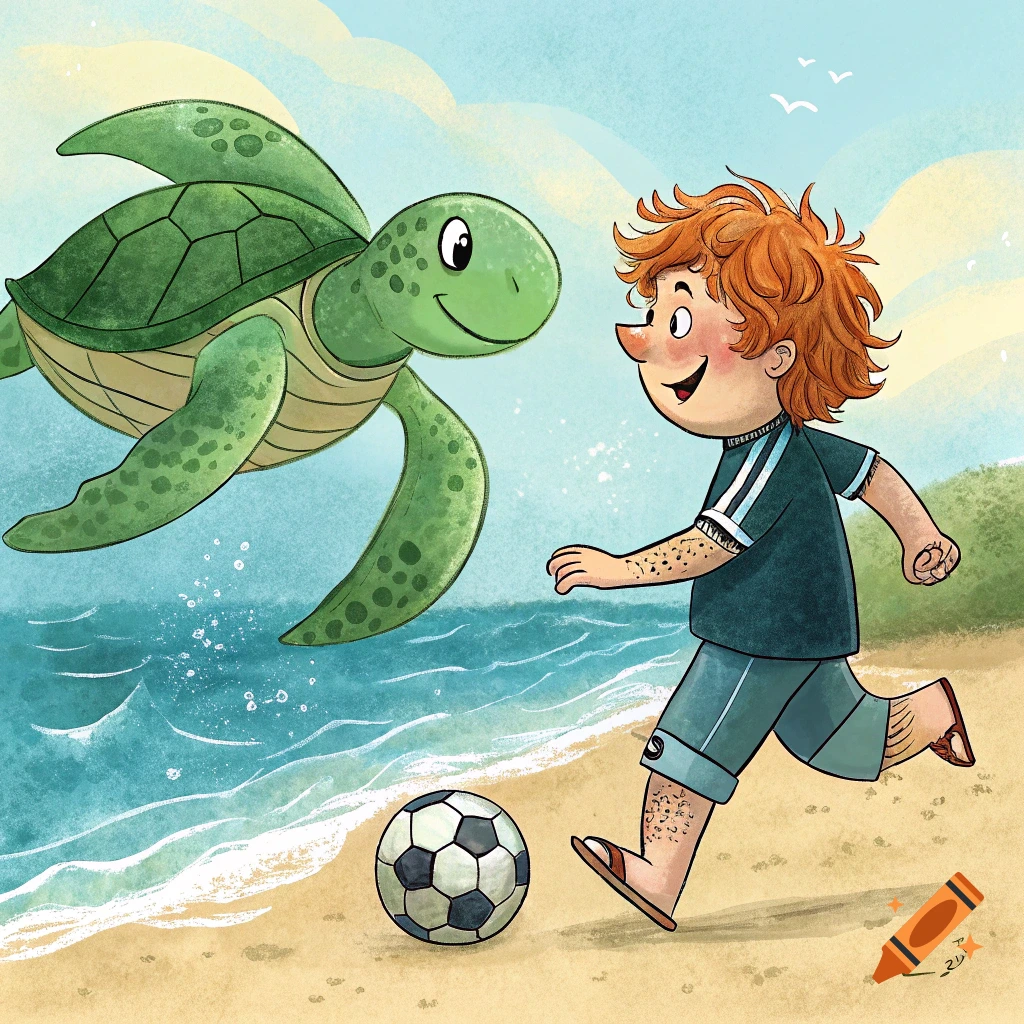 A cartoon illustration of a boy playing soccer on a beach with a large ...