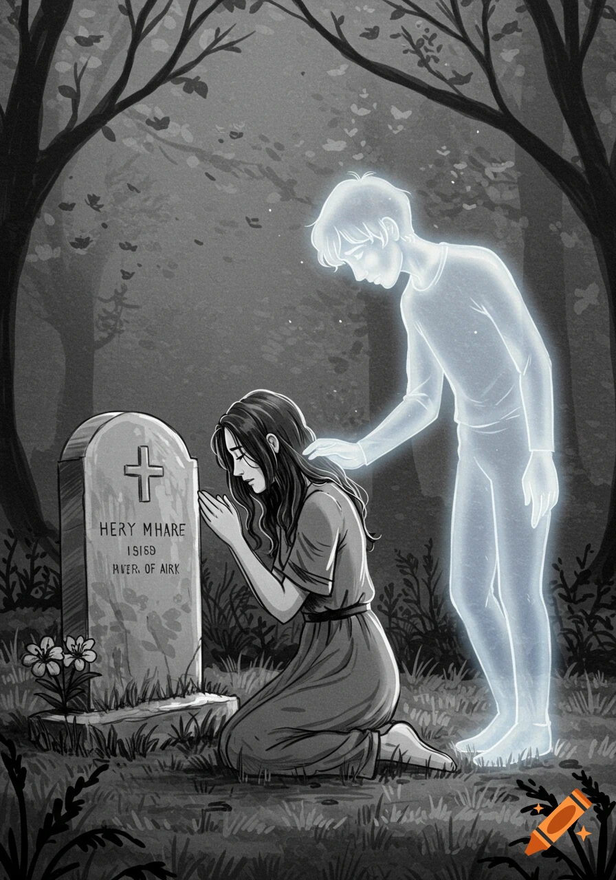 Monochrome illustration of woman mourning at gravestone with spectral ...