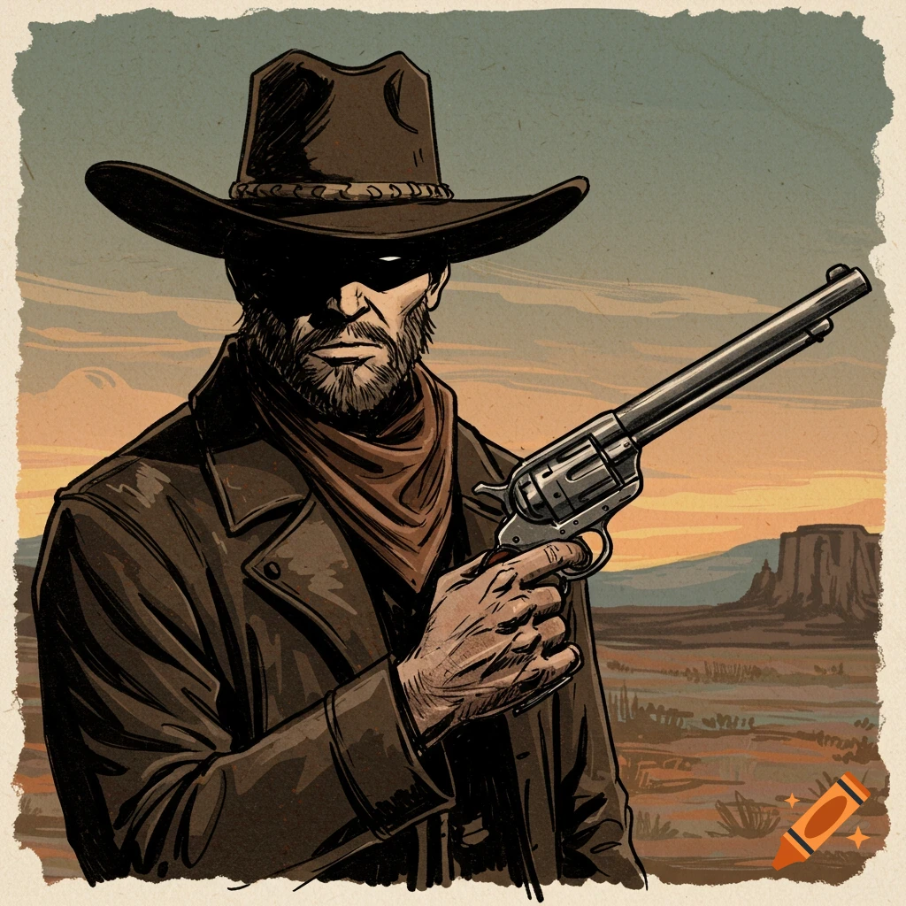 Handmade image of a mysterious cowboy holding a six shooter on Craiyon