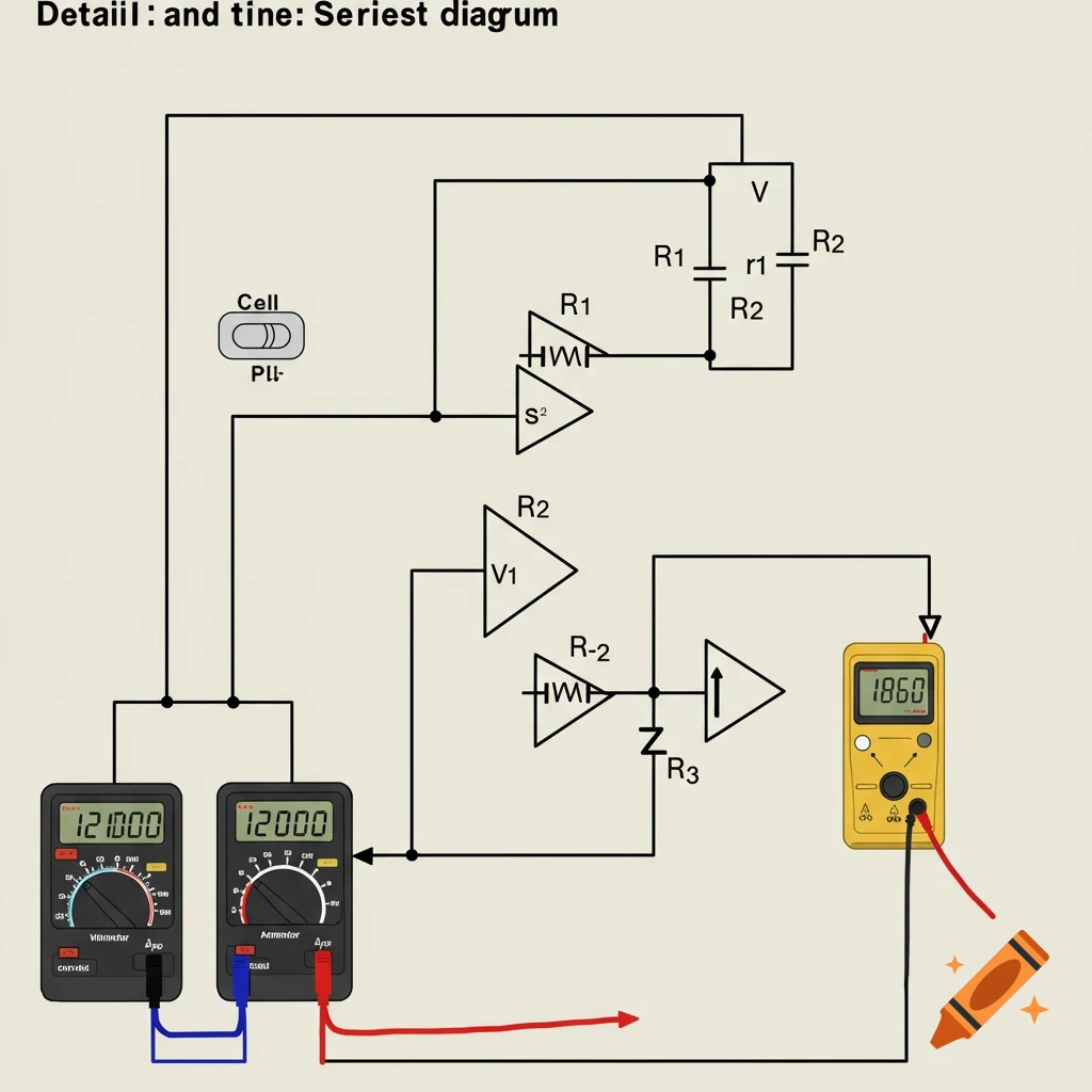 Circuit diagram with two resistors in series, cell, voltmeter, ammeter ...