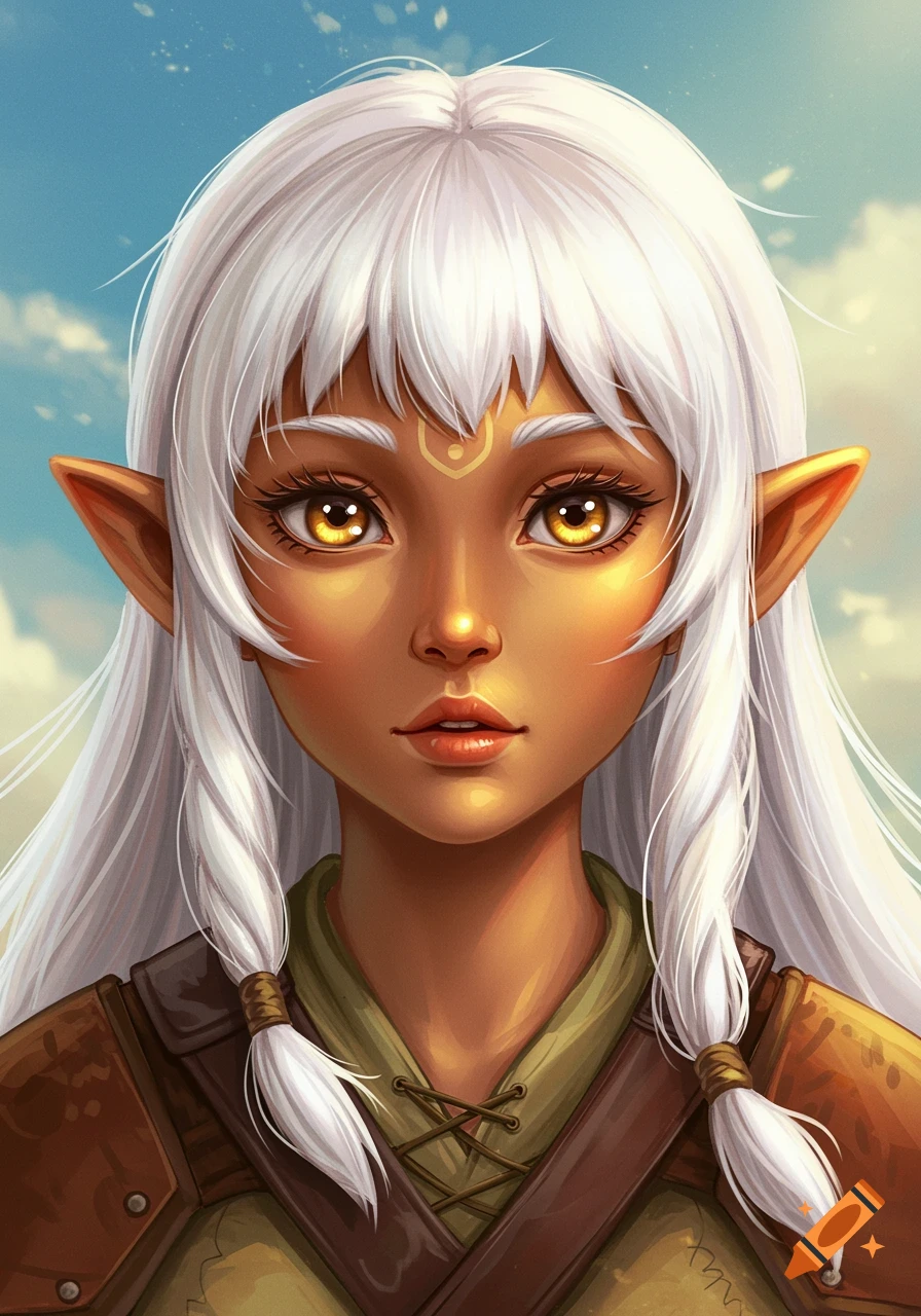 Anime-style young elf princess with tan skin, amber eyes, and long ...
