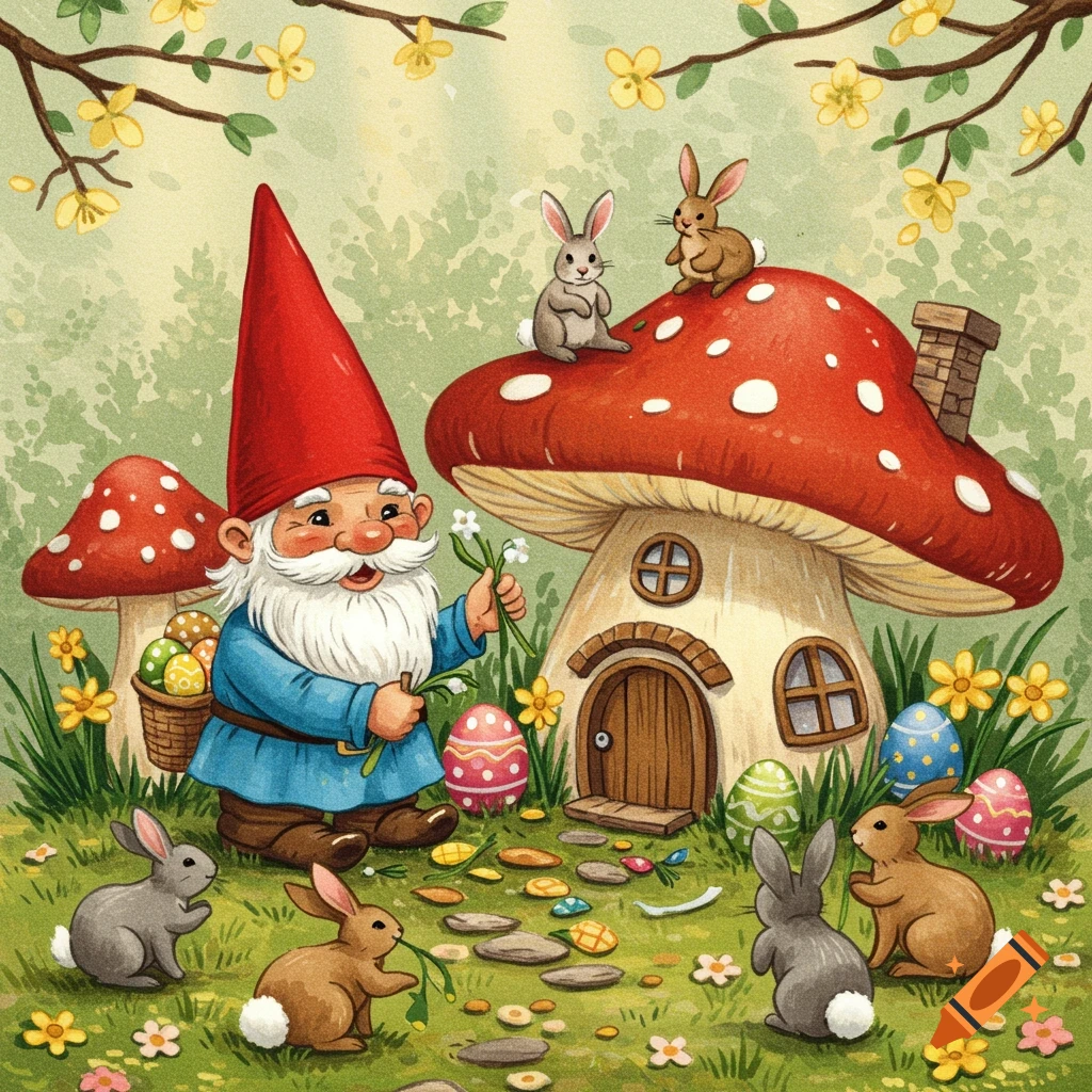 Whimsical Easter gnome with bunnies and colorful eggs by a mushroom ...