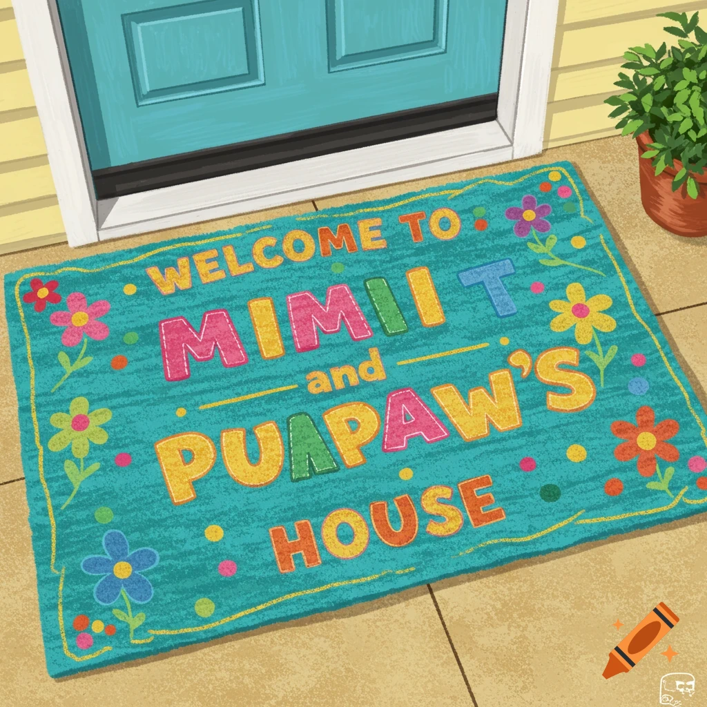 Welcome mat with the text "Welcome to Mimi and Pumpaw's House" on Craiyon