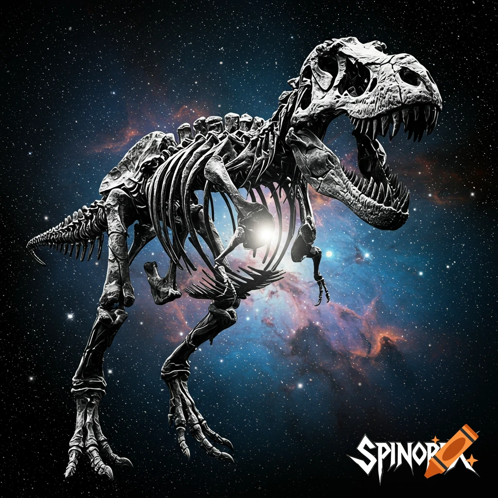 A T-Rex skeleton stands against a starry space background with a nebula ...