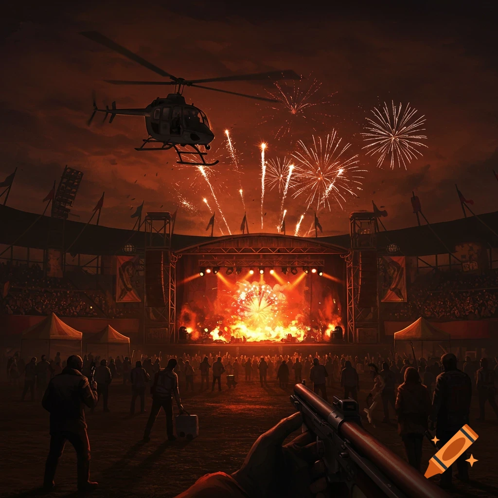 A large rock concert stage is illuminated by bright lights in front of ...