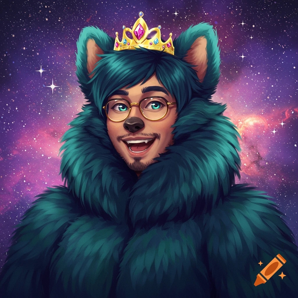 A person in a teal furry suit with a crown is shown against a starry ...