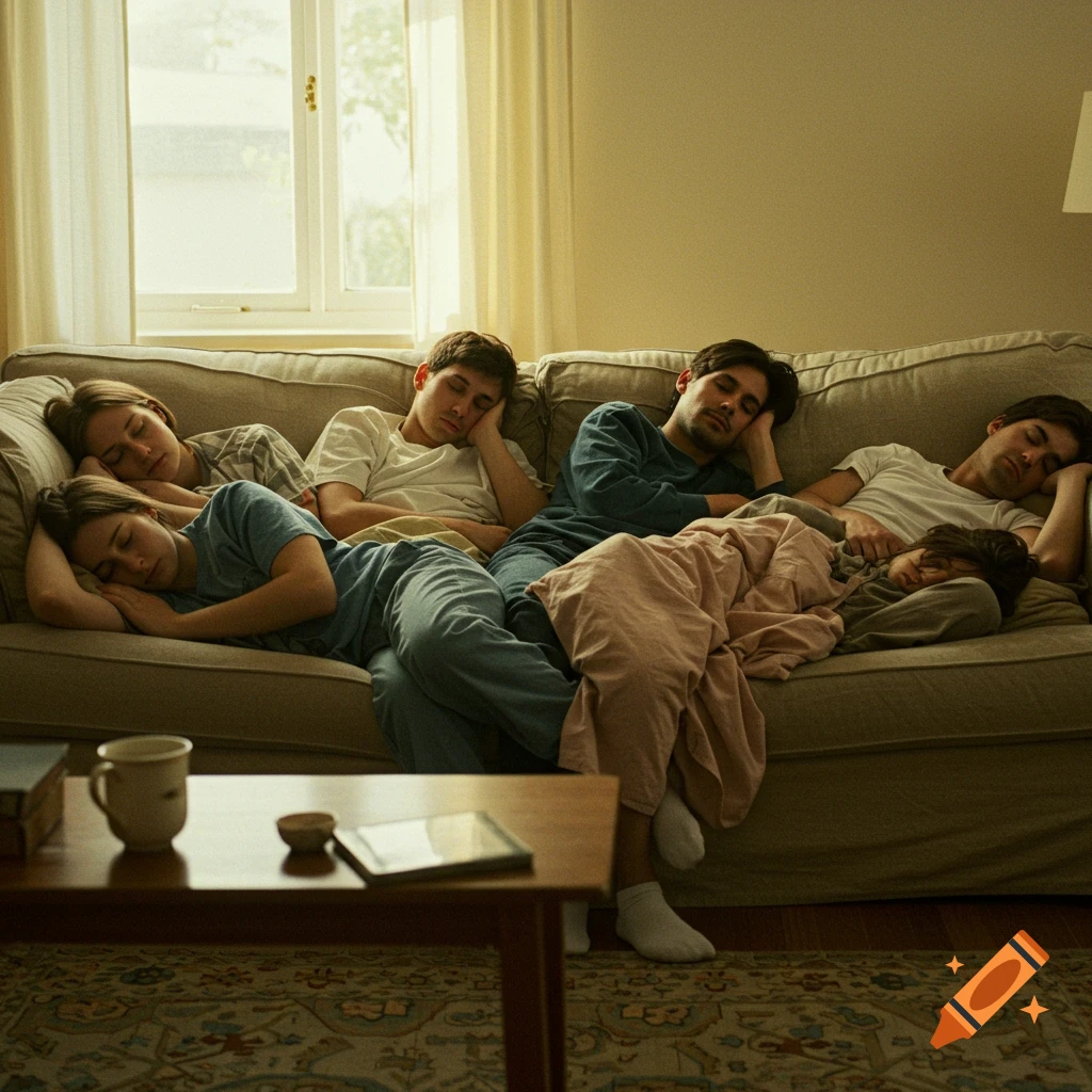 Six people sleeping on a couch in a cozy living room, photorealistic ...
