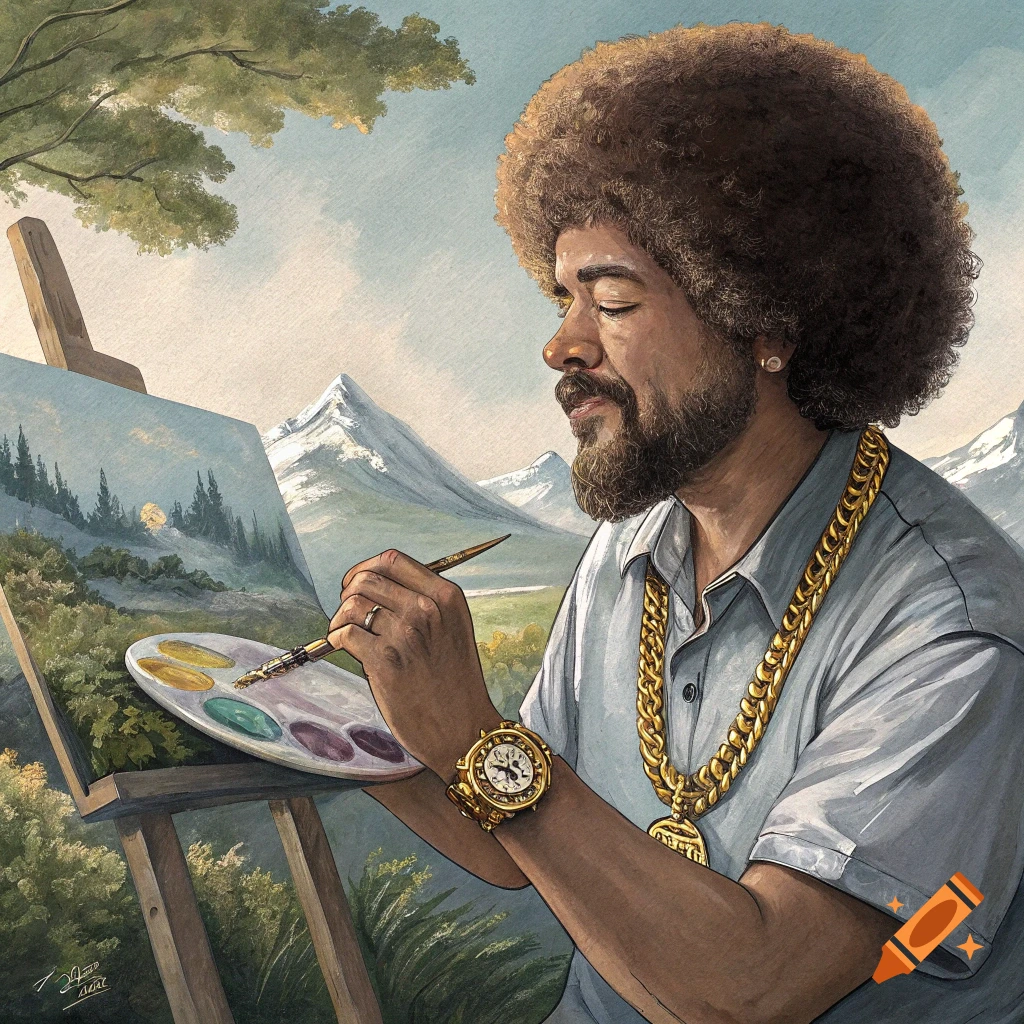Bob Ross painting with gold chain and iced out watch on Craiyon