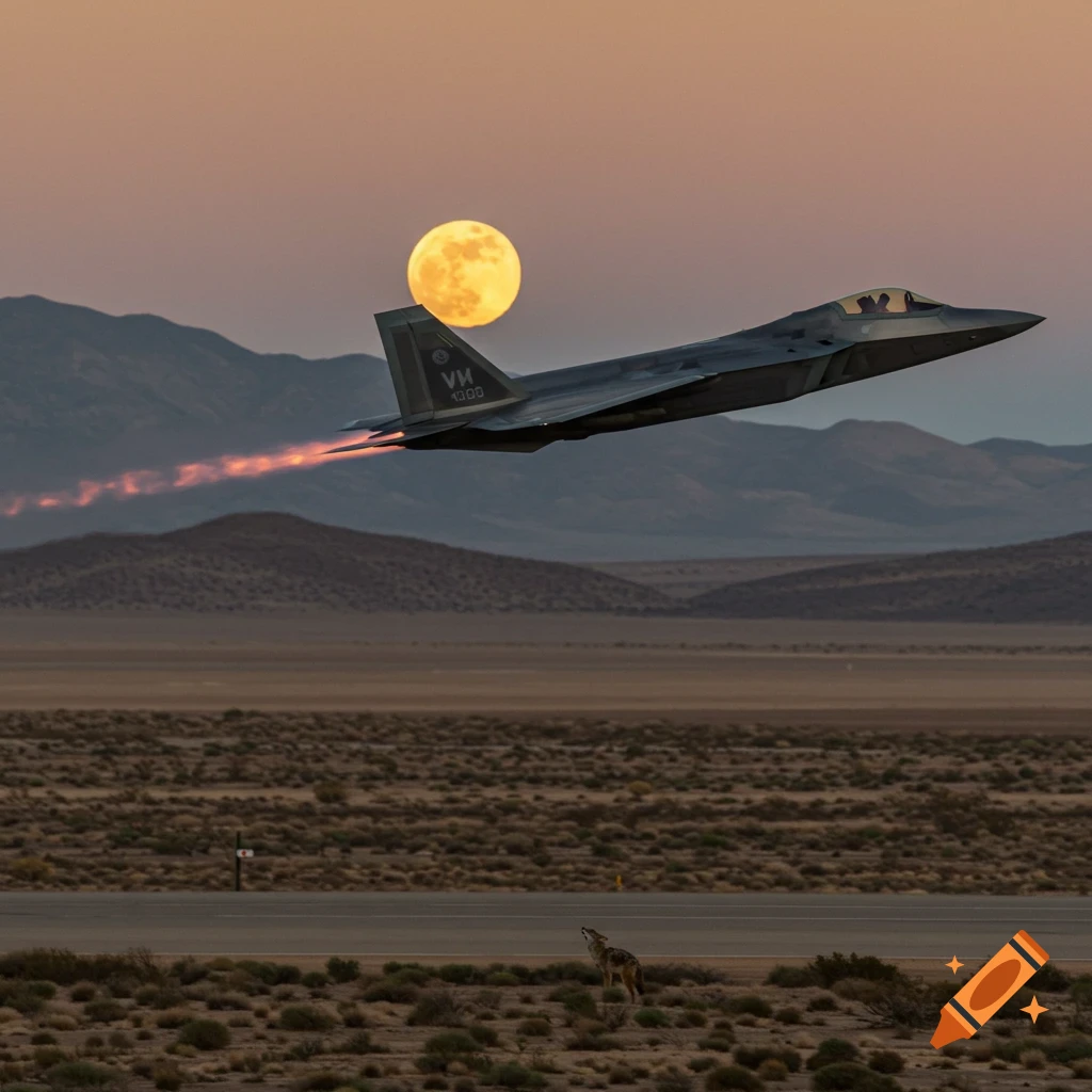 Fighter jet flying over California desert with coyote howling at the moon on Craiyon