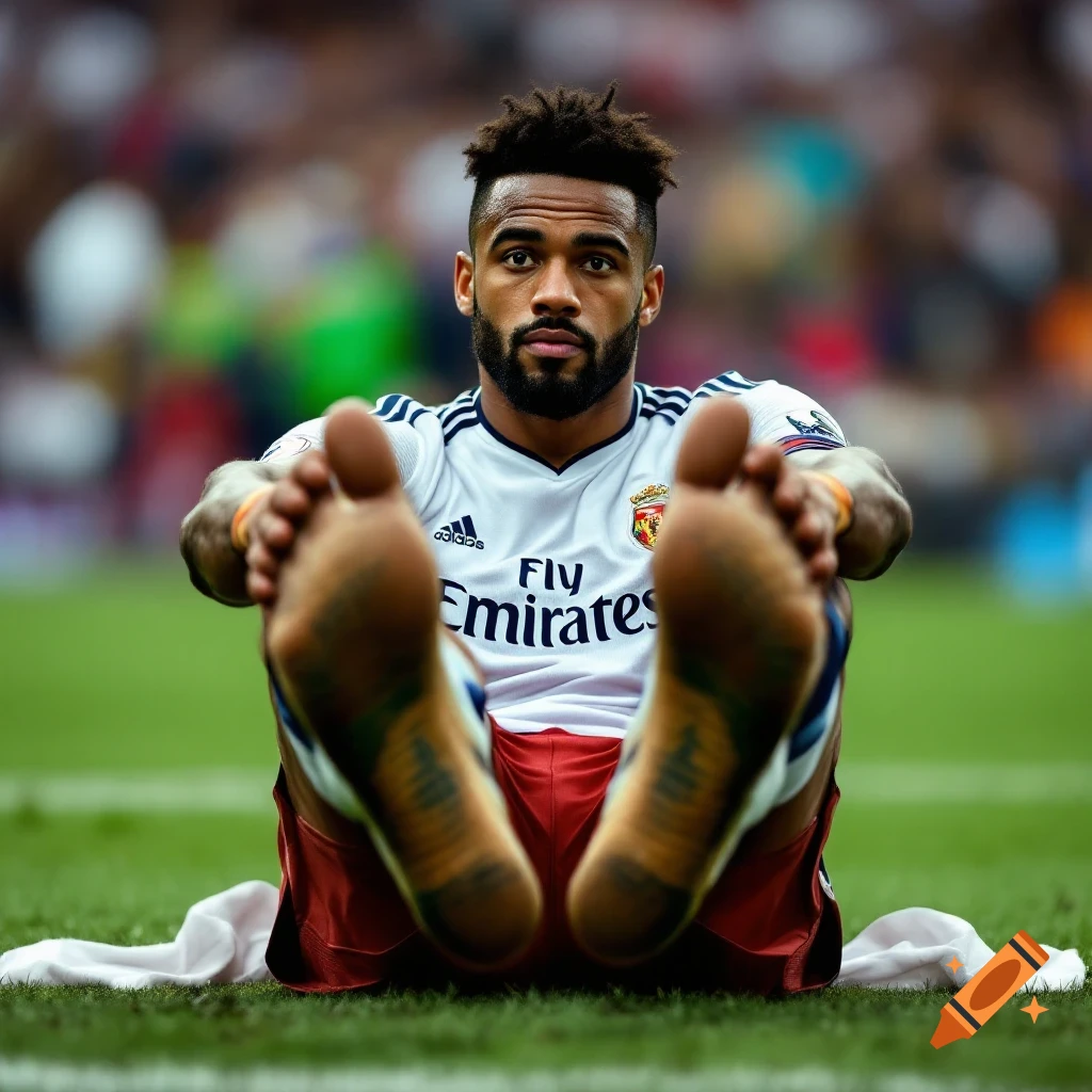 Lamine Yamal seated on grass showing sole of feet to camera on Craiyon